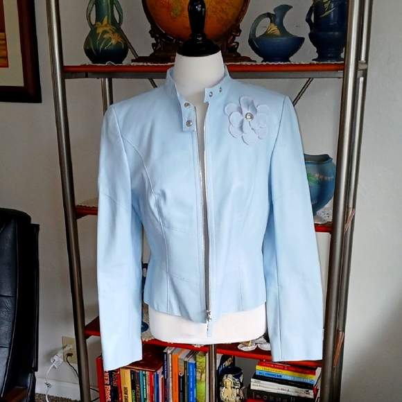 Escada | Jackets & Coats | Escada Light Blue Leather Jacket Size S ...